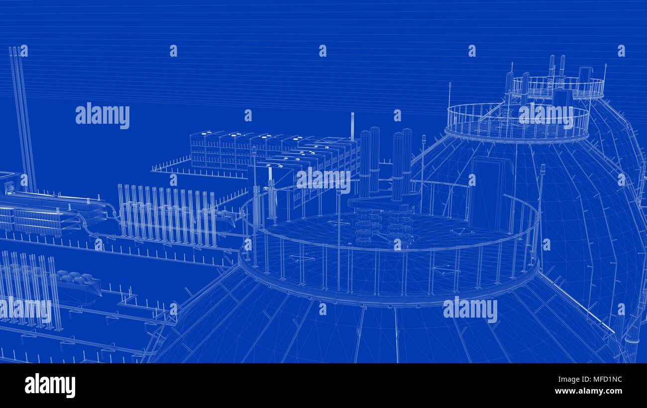 3d rendering of a blueprint industrial city with detailed objects Stock ...