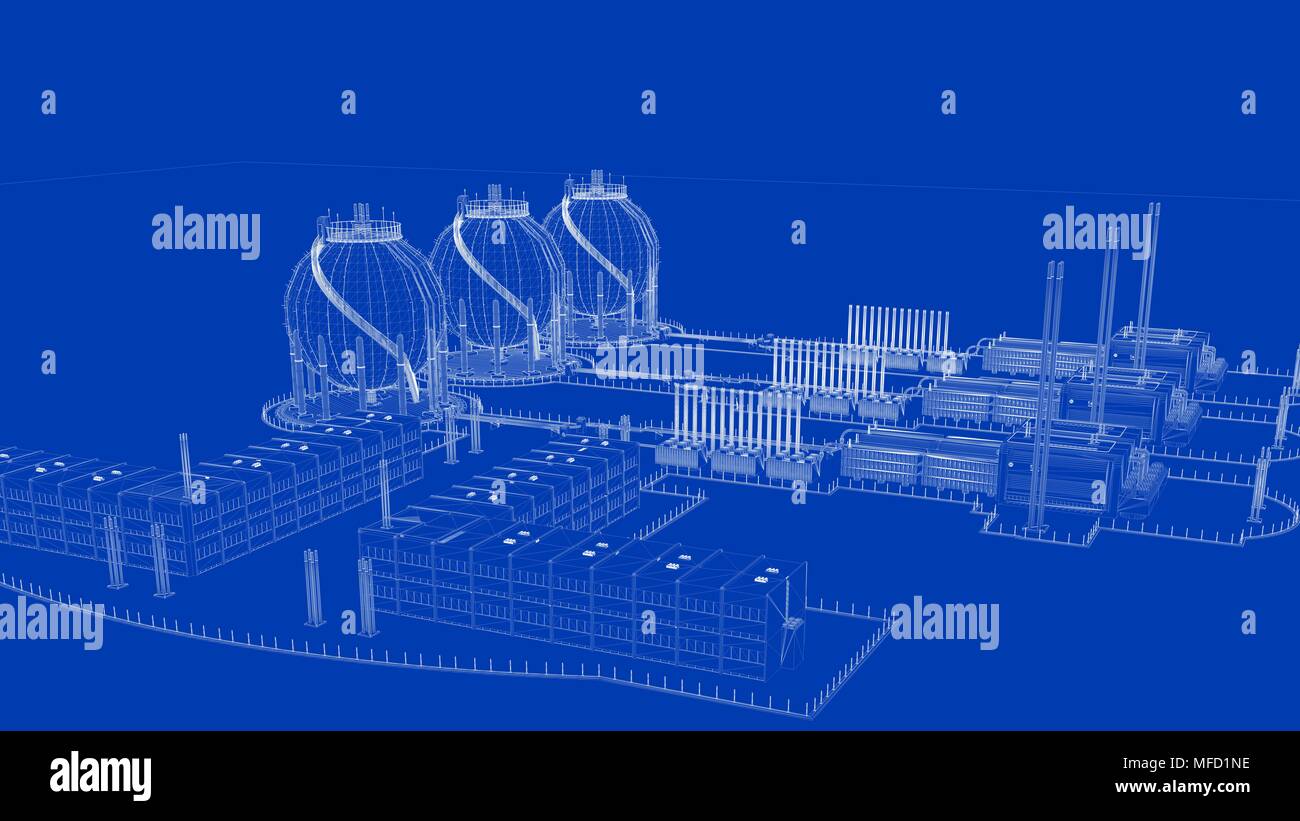 3d rendering of a blueprint industrial city with detailed objects Stock ...