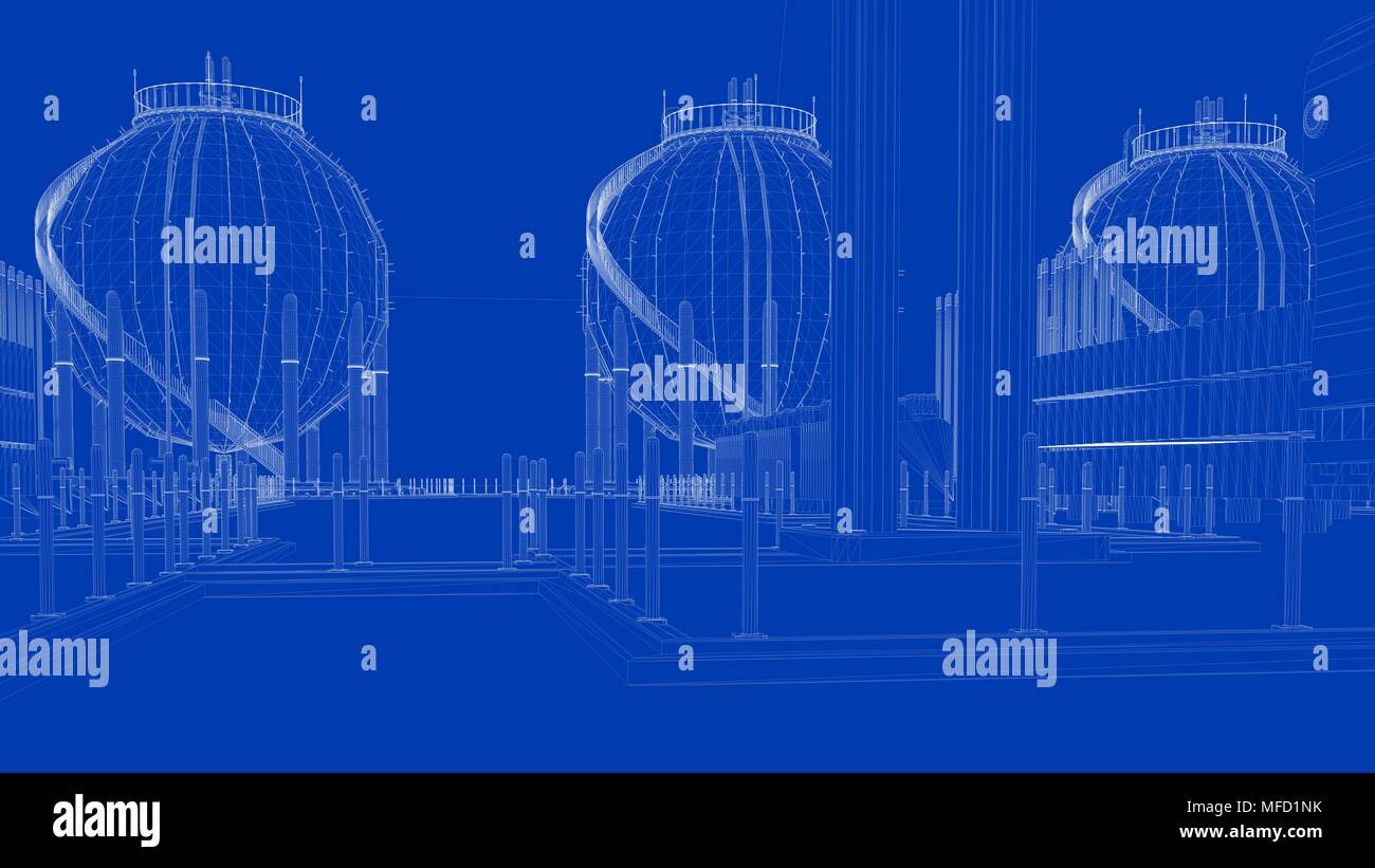 3d rendering of a blueprint industrial city with detailed objects Stock ...