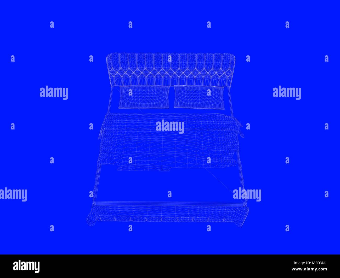3d rendering of a bed blueprint as lines on a blue background Stock ...