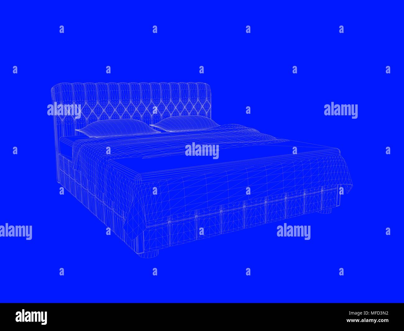 3d rendering of a bed blueprint as lines on a blue background Stock ...