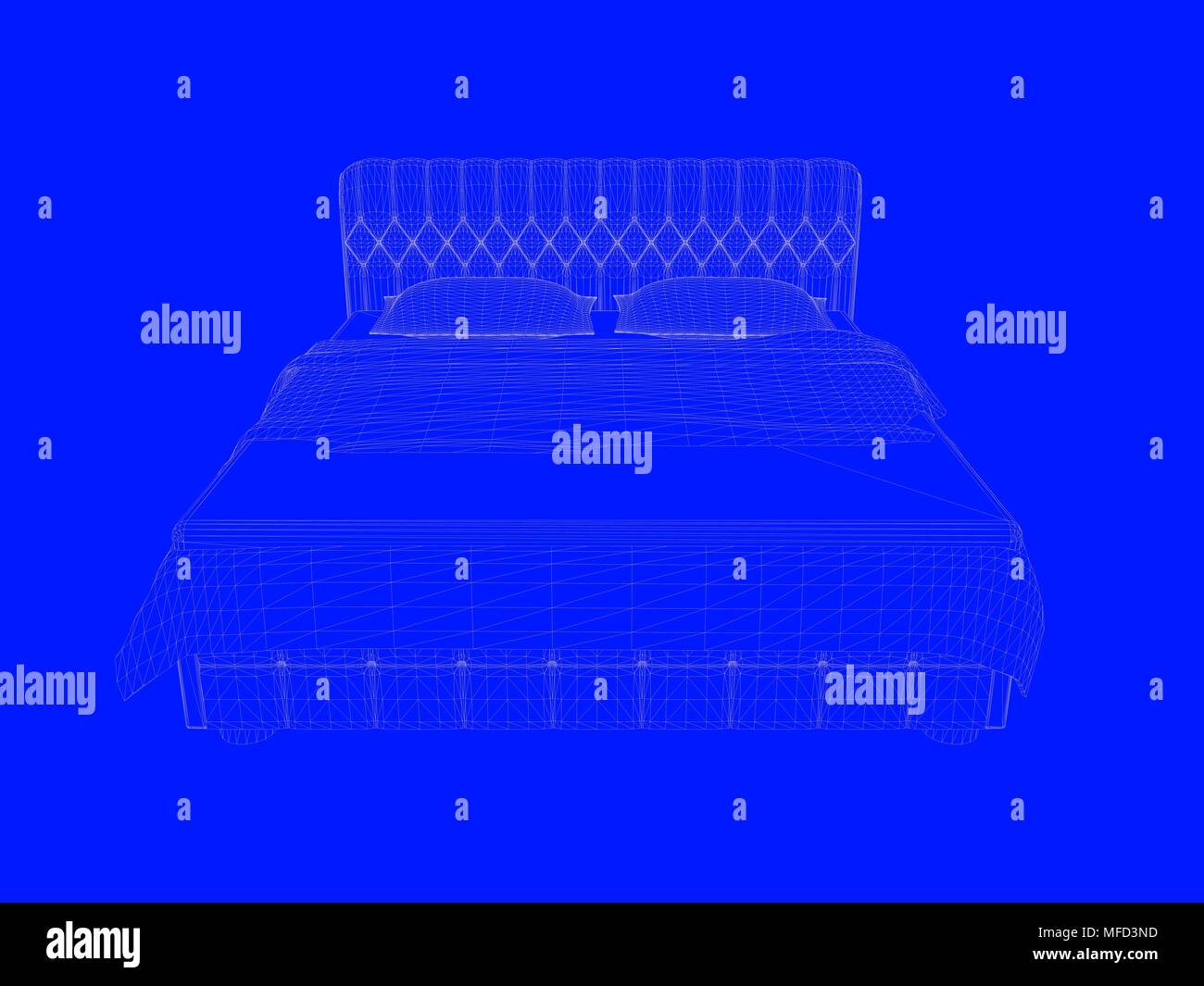 3d rendering of a bed blueprint as lines on a blue background Stock ...