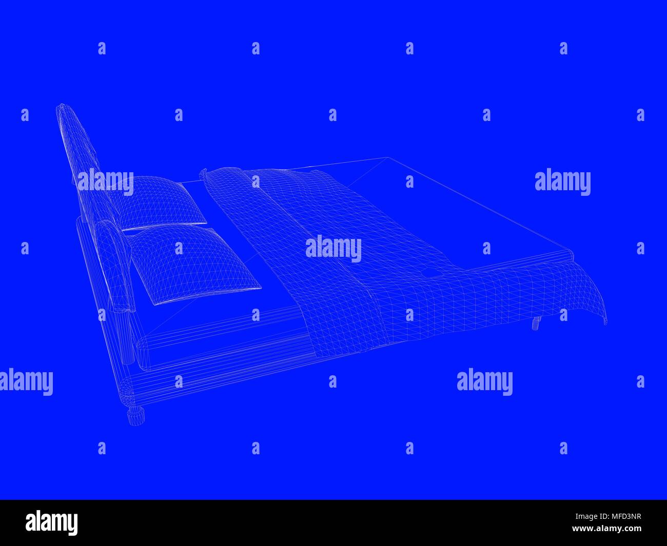 3d rendering of a bed blueprint as lines on a blue background Stock ...