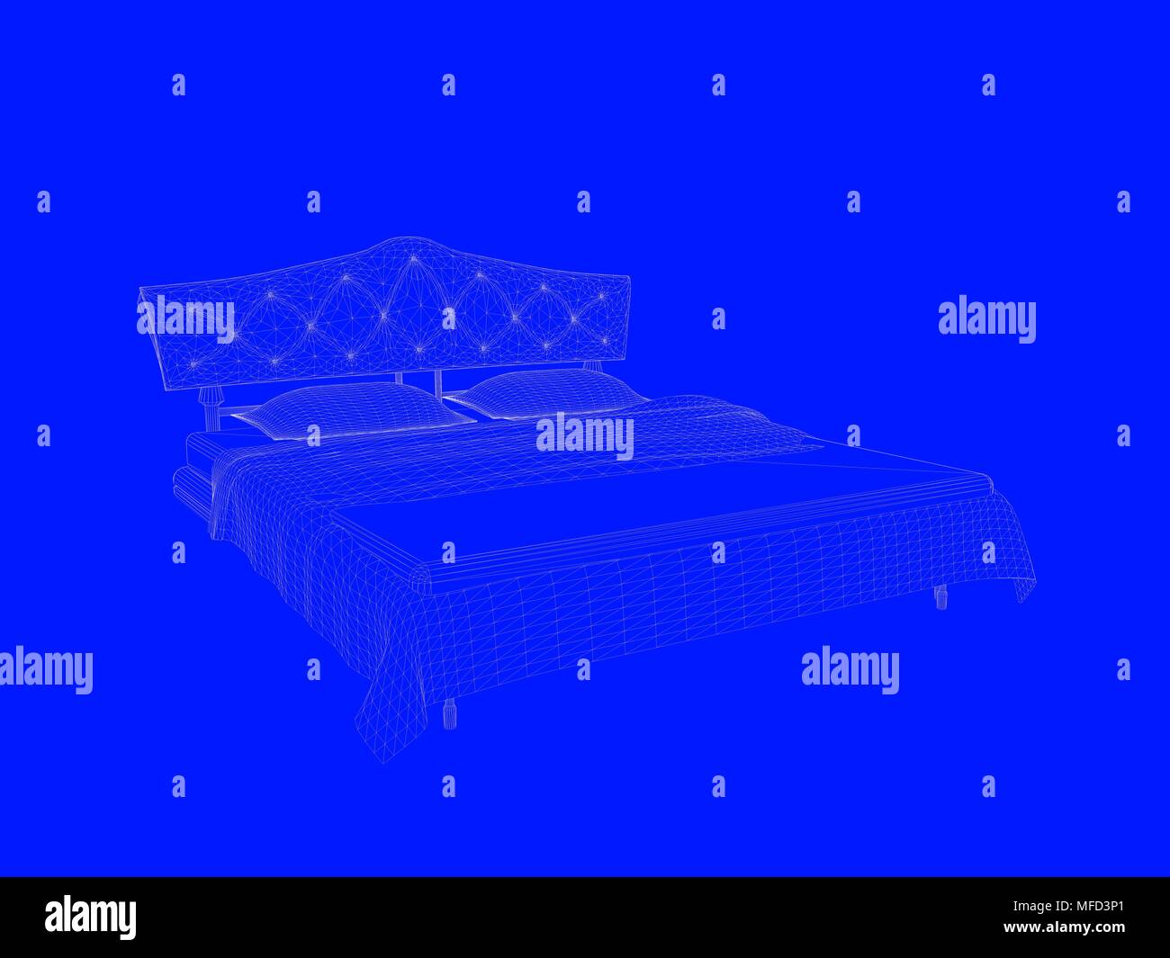 3d rendering of a bed blueprint as lines on a blue background Stock ...