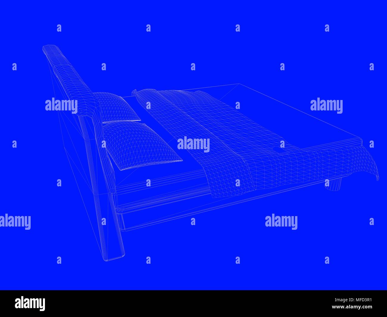 3d rendering of a bed blueprint as lines on a blue background Stock ...