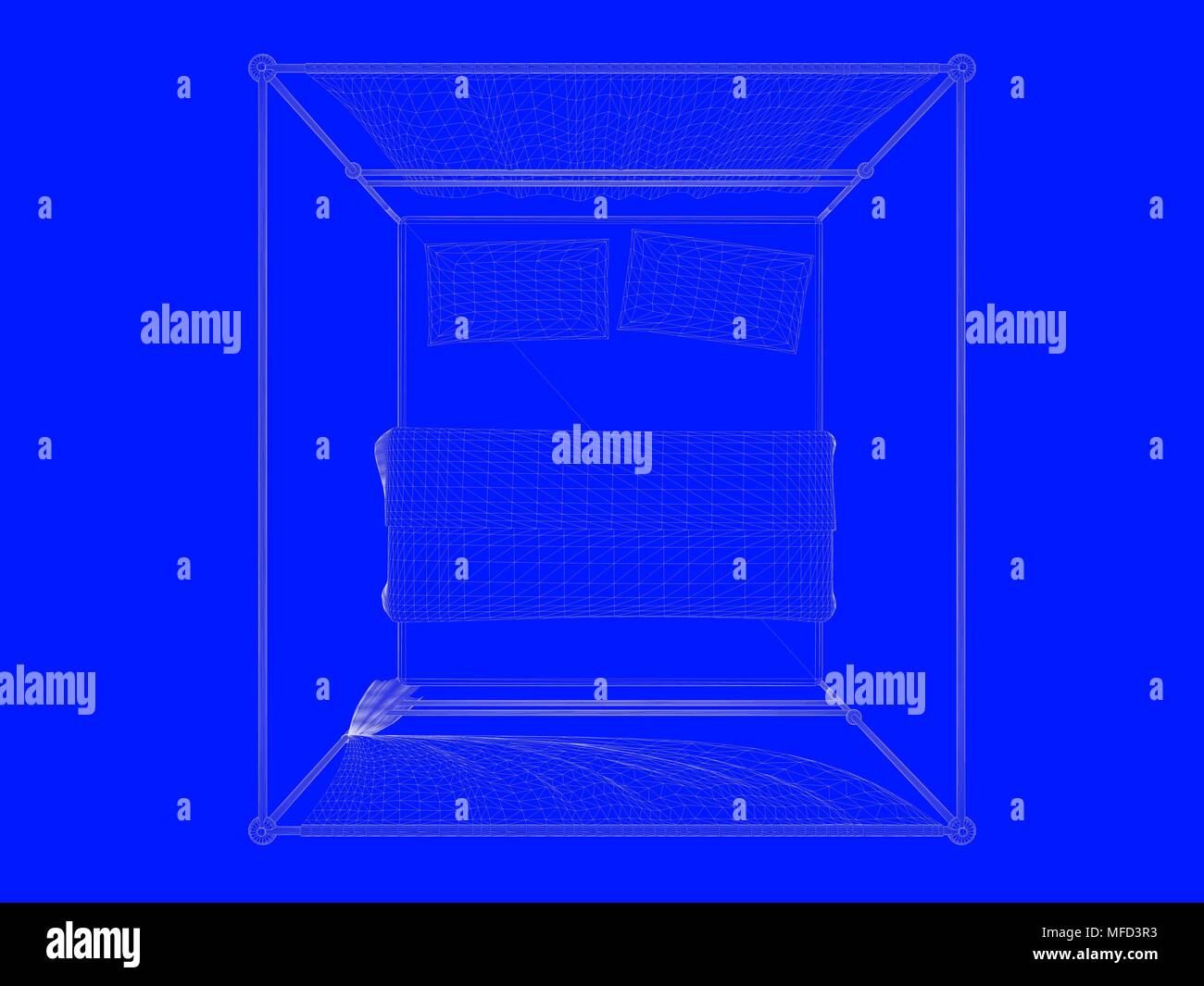 3d rendering of a bed blueprint as lines on a blue background Stock ...