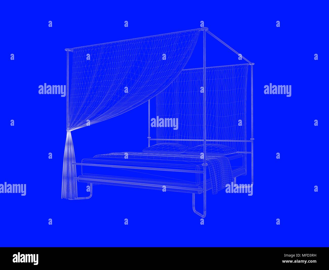 3d rendering of a bed blueprint as lines on a blue background Stock ...