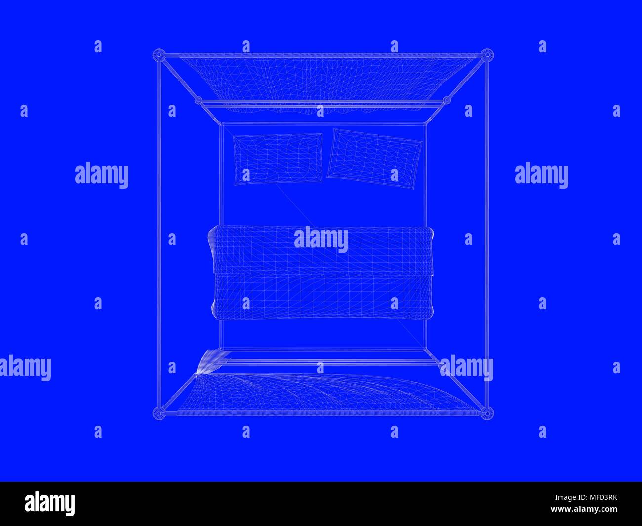 3d rendering of a bed blueprint as lines on a blue background Stock ...