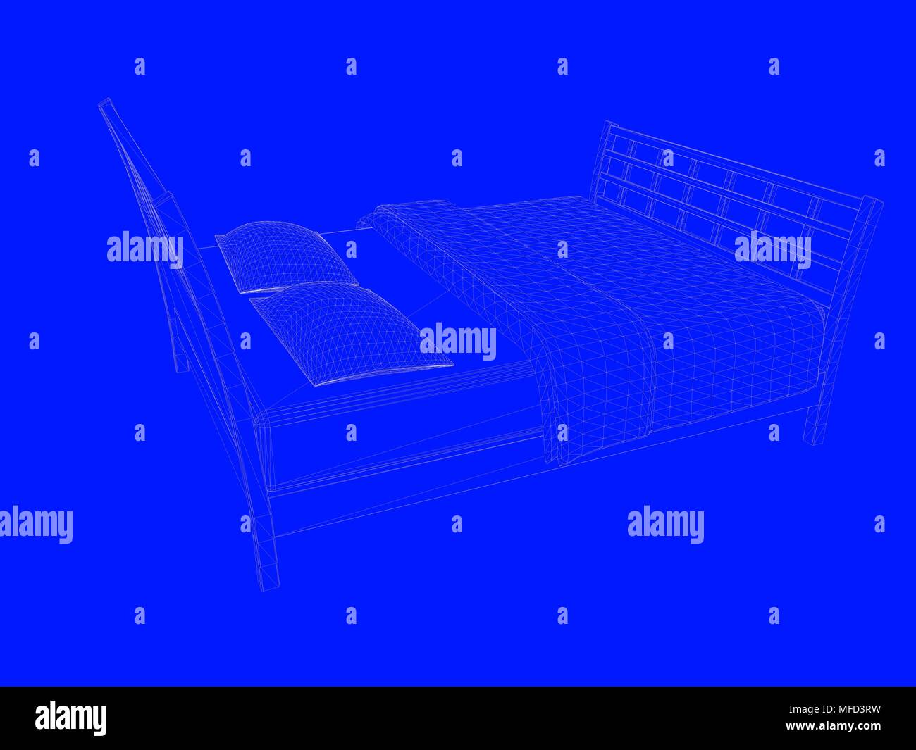 3d rendering of a bed blueprint as lines on a blue background Stock ...