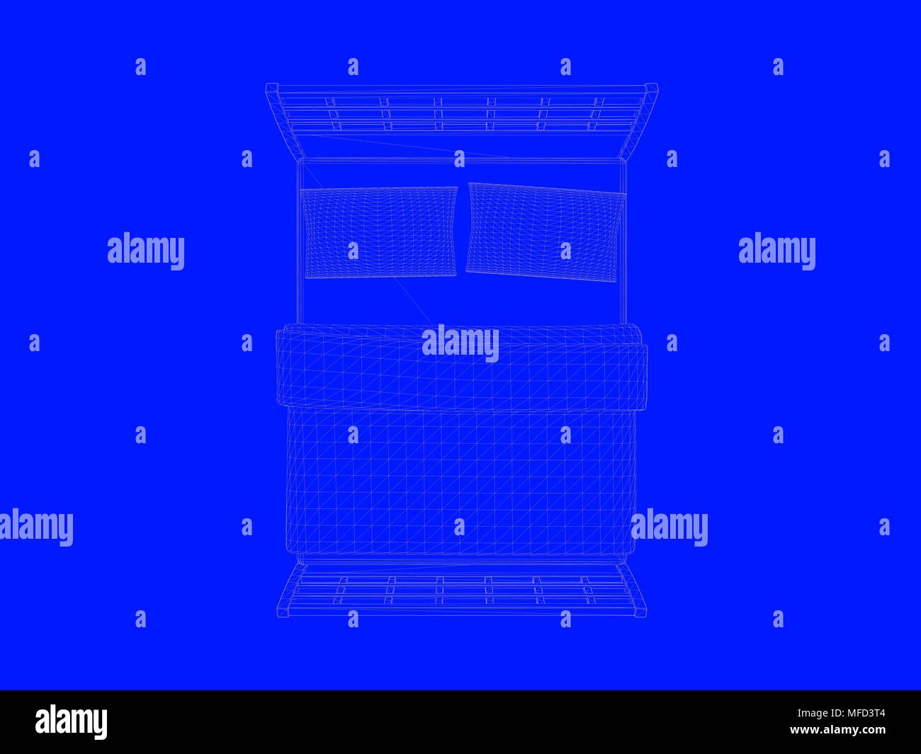 3d rendering of a bed blueprint as lines on a blue background Stock ...