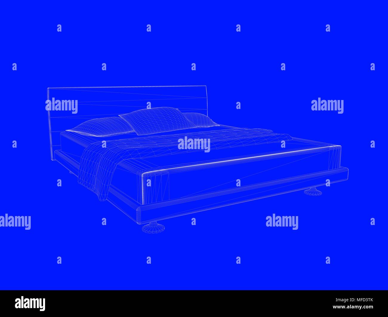 3d rendering of a bed blueprint as lines on a blue background Stock ...