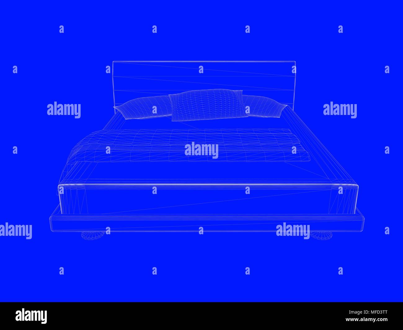 3d rendering of a bed blueprint as lines on a blue background Stock ...