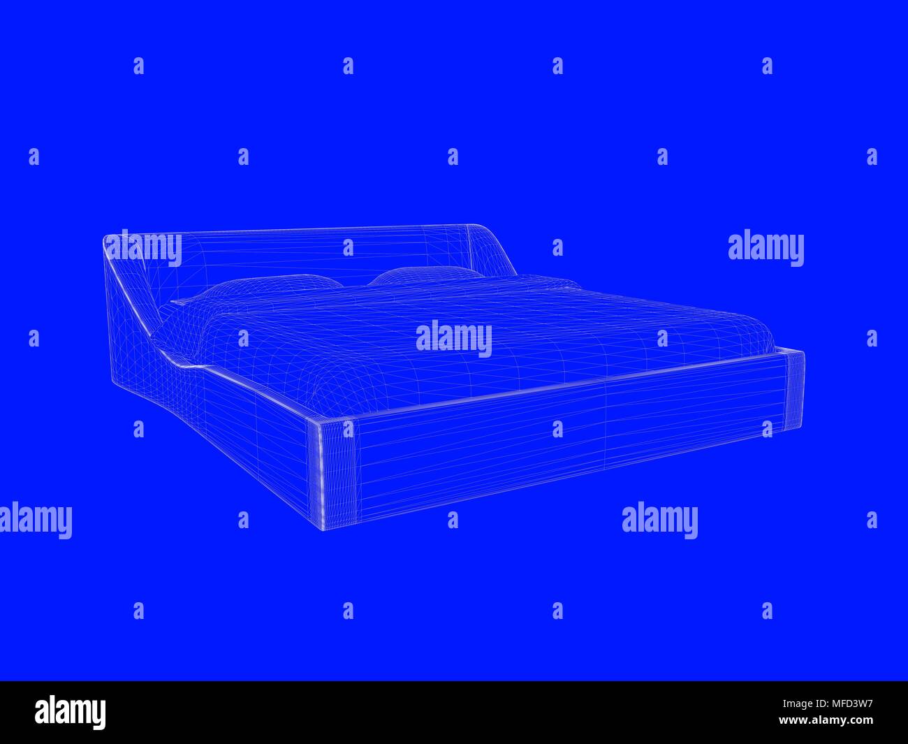 3d rendering of a bed blueprint as lines on a blue background Stock ...