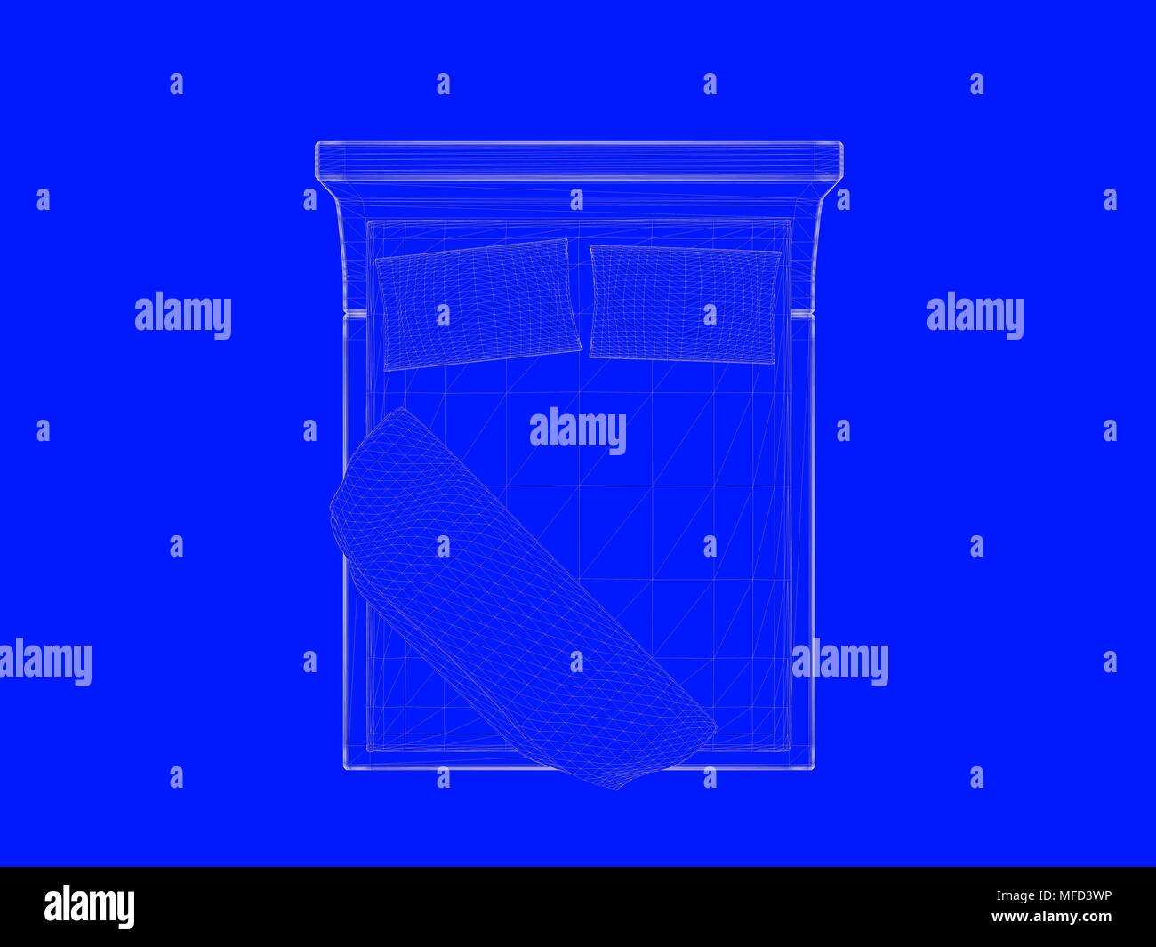 3d rendering of a bed blueprint as lines on a blue background Stock ...