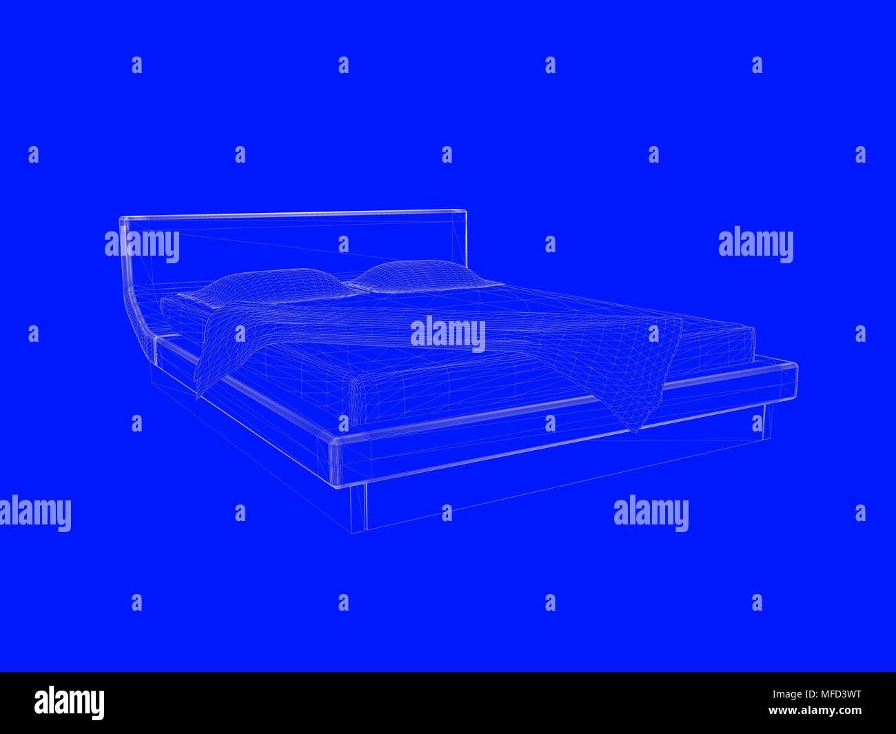 3d rendering of a bed blueprint as lines on a blue background Stock ...
