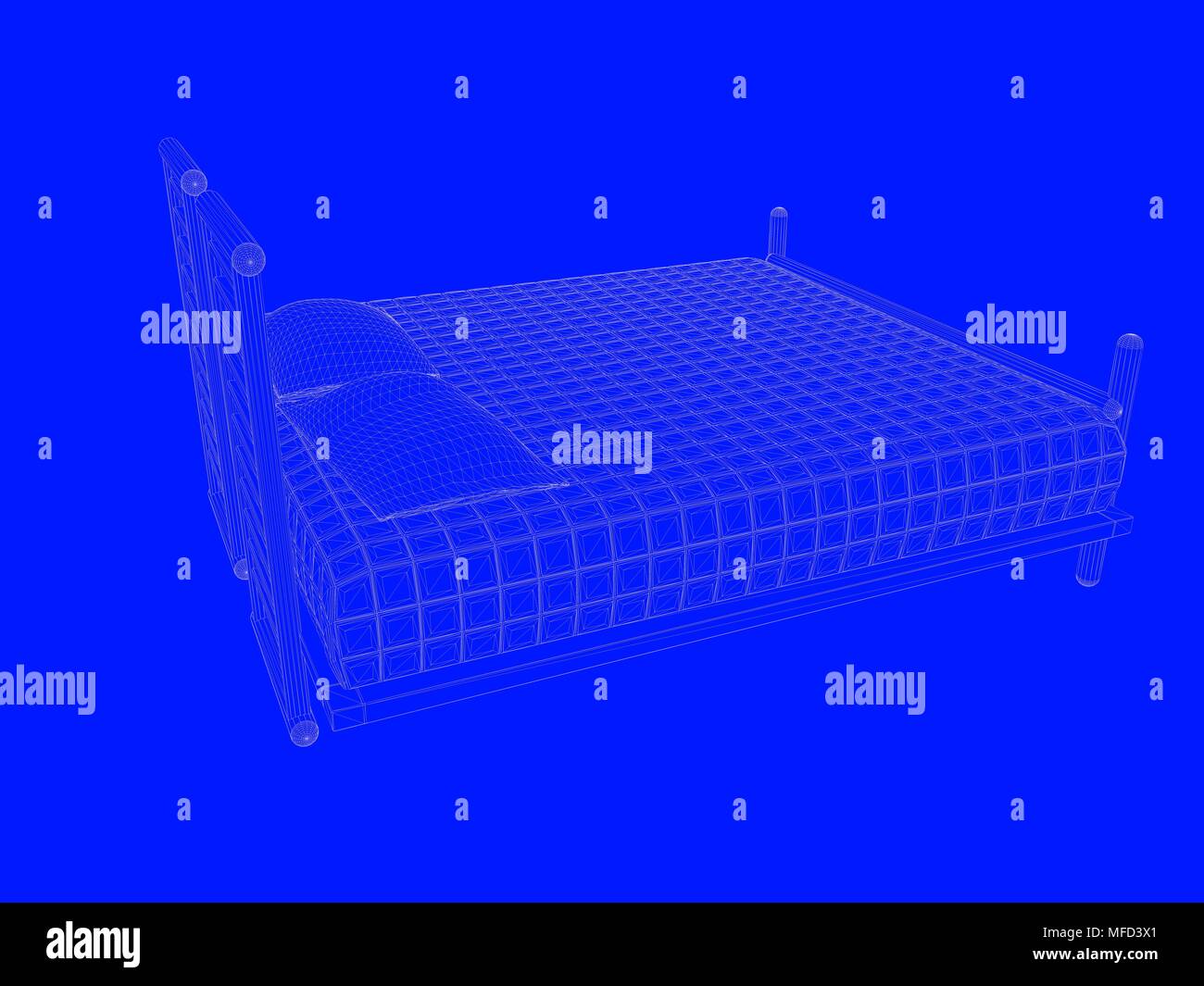 3d rendering of a bed blueprint as lines on a blue background Stock ...