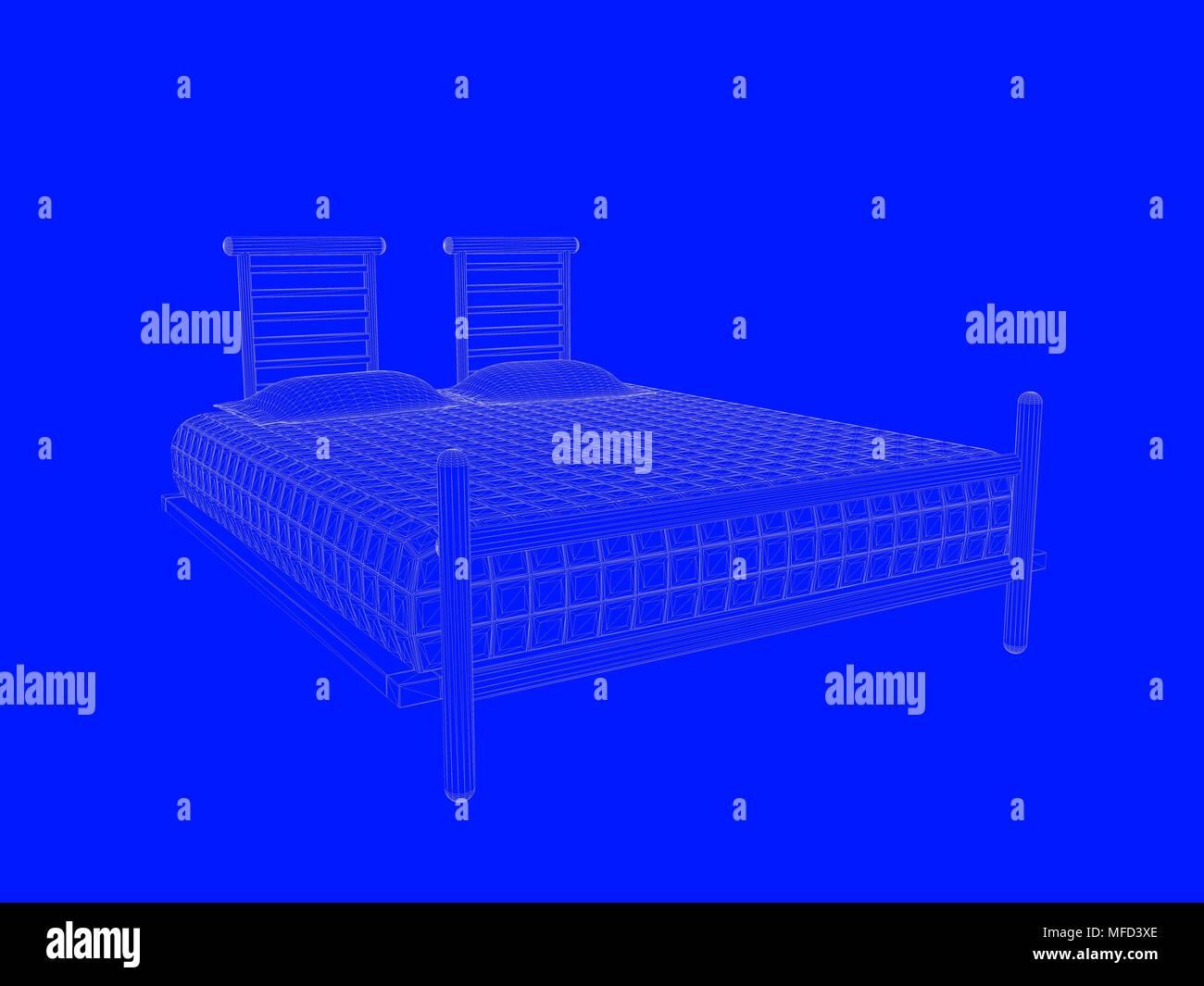 3d rendering of a bed blueprint as lines on a blue background Stock ...
