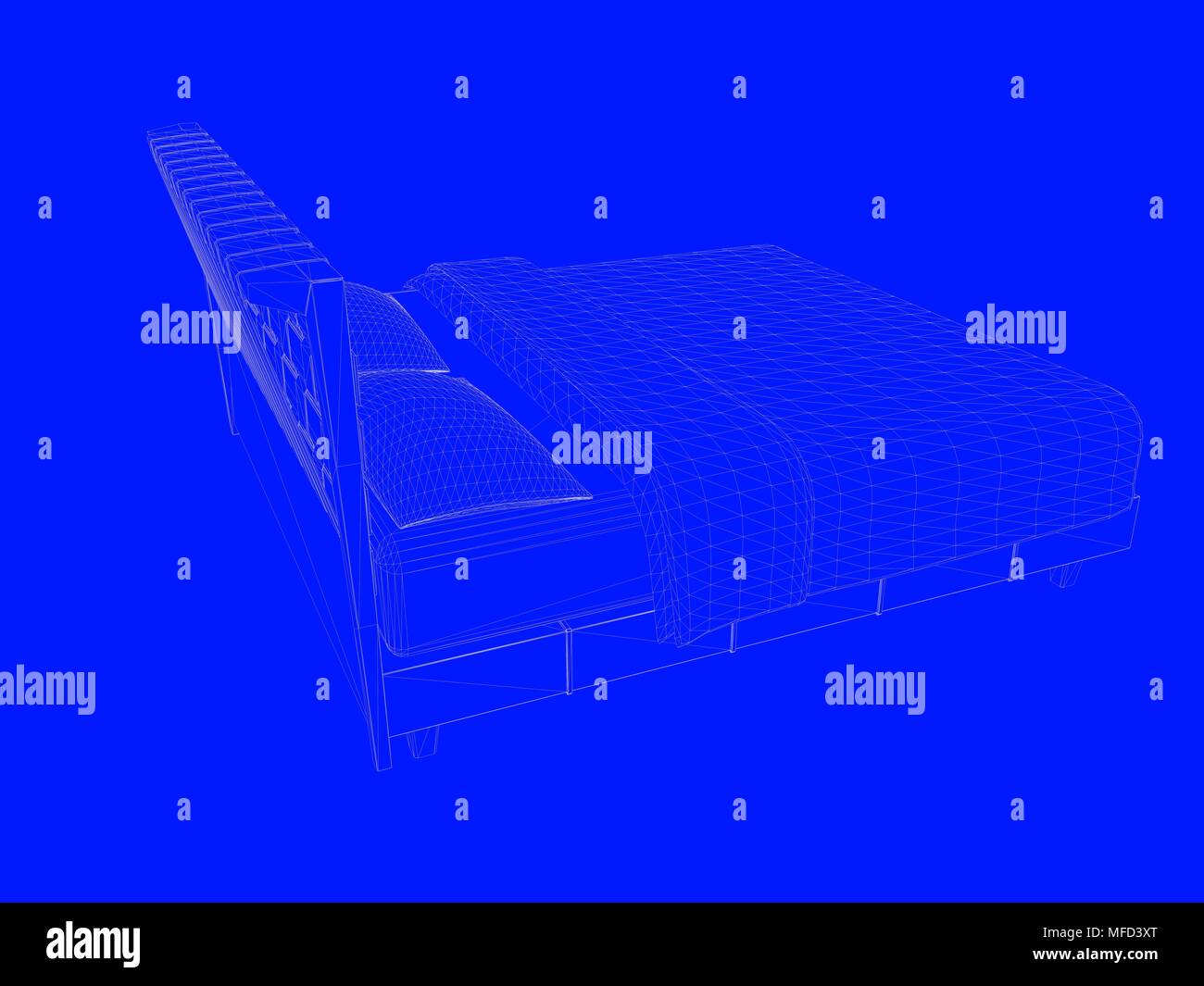 3d rendering of a bed blueprint as lines on a blue background Stock ...