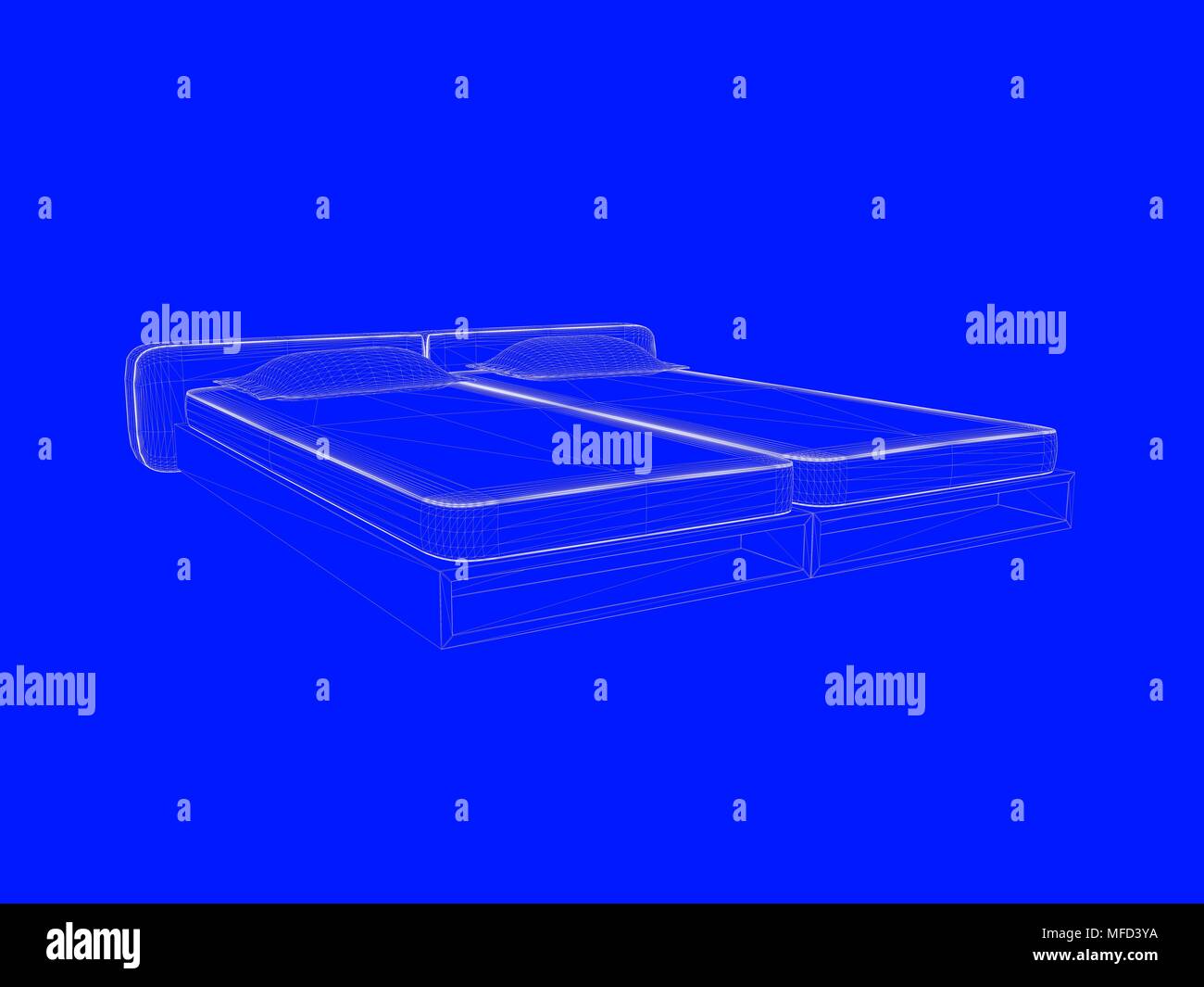 3d rendering of a bed blueprint as lines on a blue background Stock ...