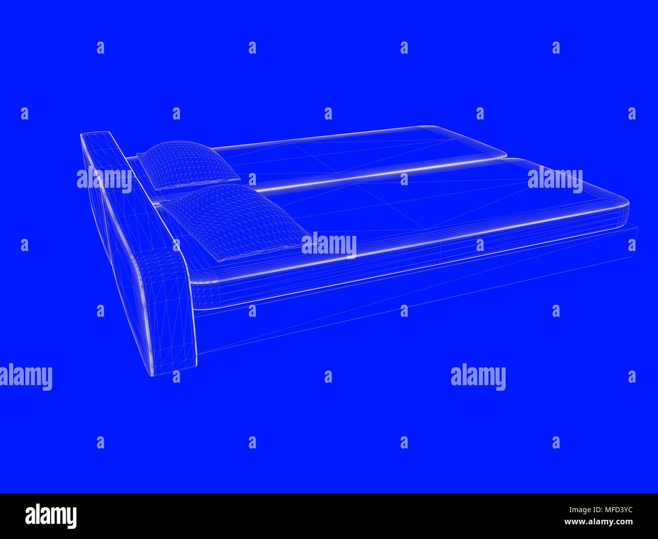 3d rendering of a bed blueprint as lines on a blue background Stock ...