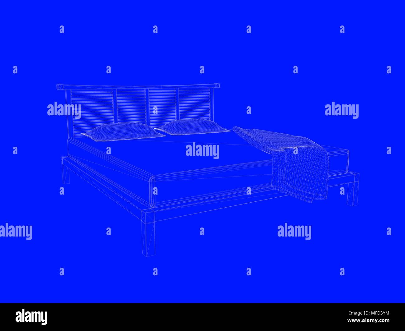 3d rendering of a bed blueprint as lines on a blue background Stock ...