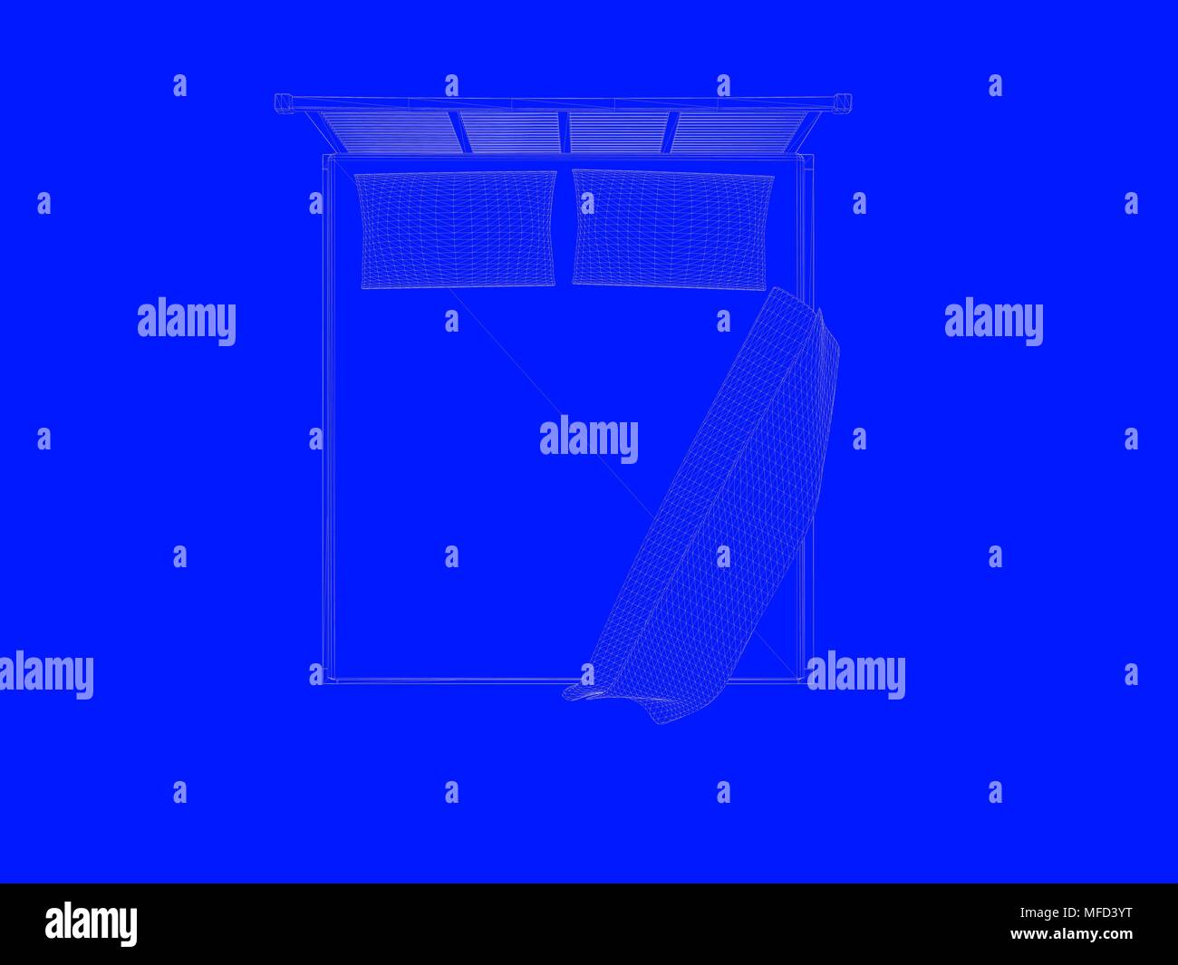 3d rendering of a bed blueprint as lines on a blue background Stock ...