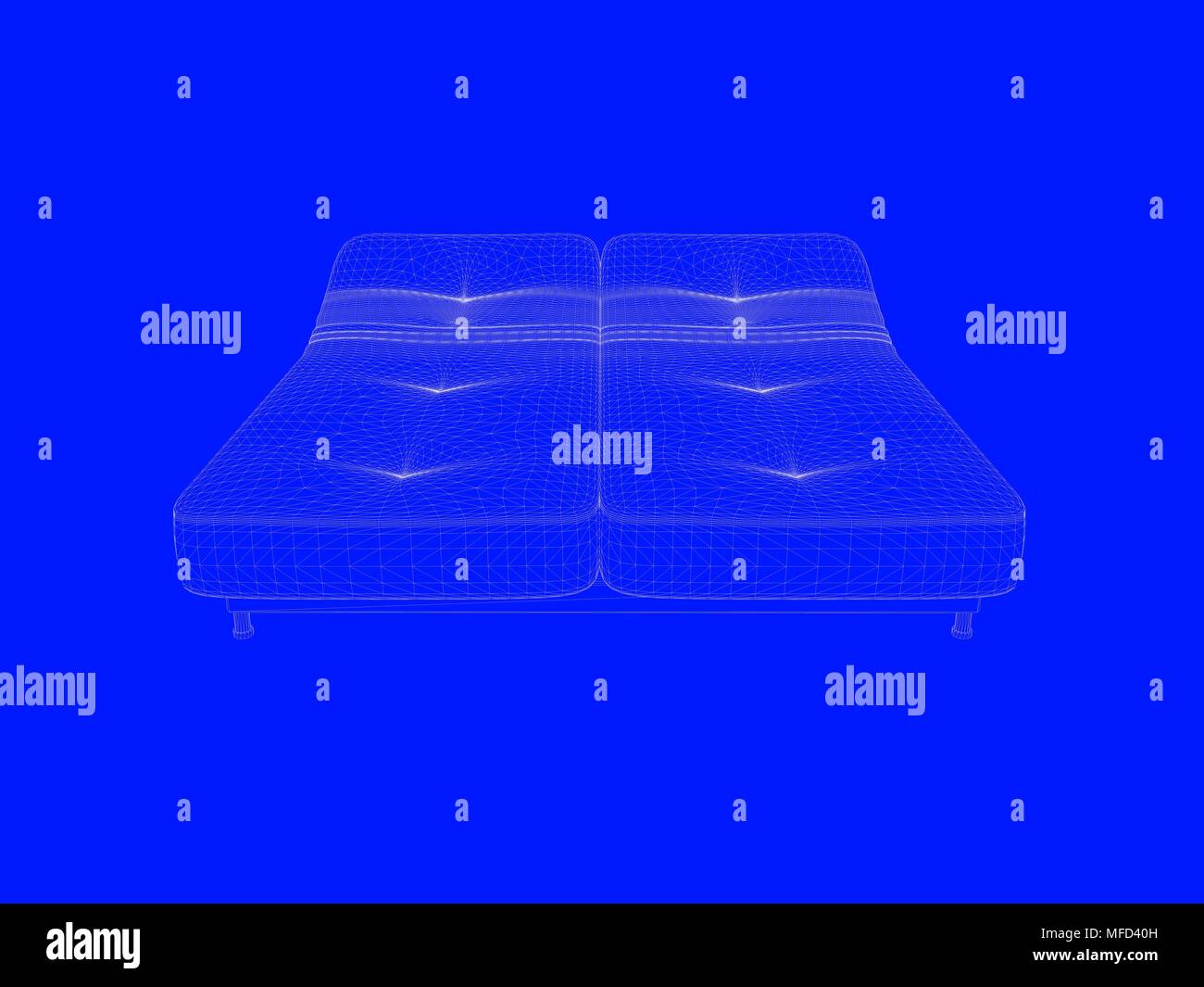 3d rendering of a bed blueprint as lines on a blue background Stock ...