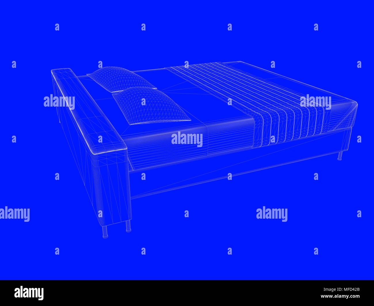 3d rendering of a bed blueprint as lines on a blue background Stock ...