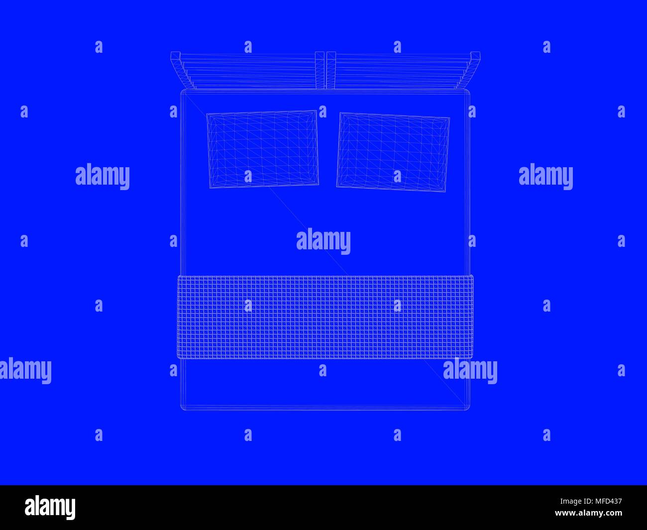 3d rendering of a bed blueprint as lines on a blue background Stock ...