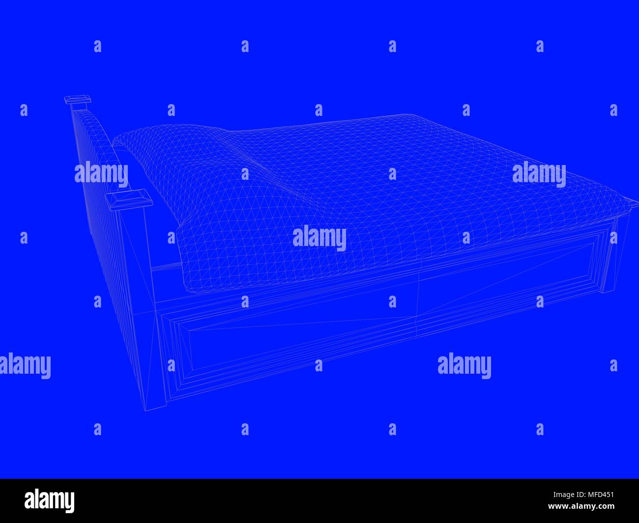 3d rendering of a bed blueprint as lines on a blue background Stock ...
