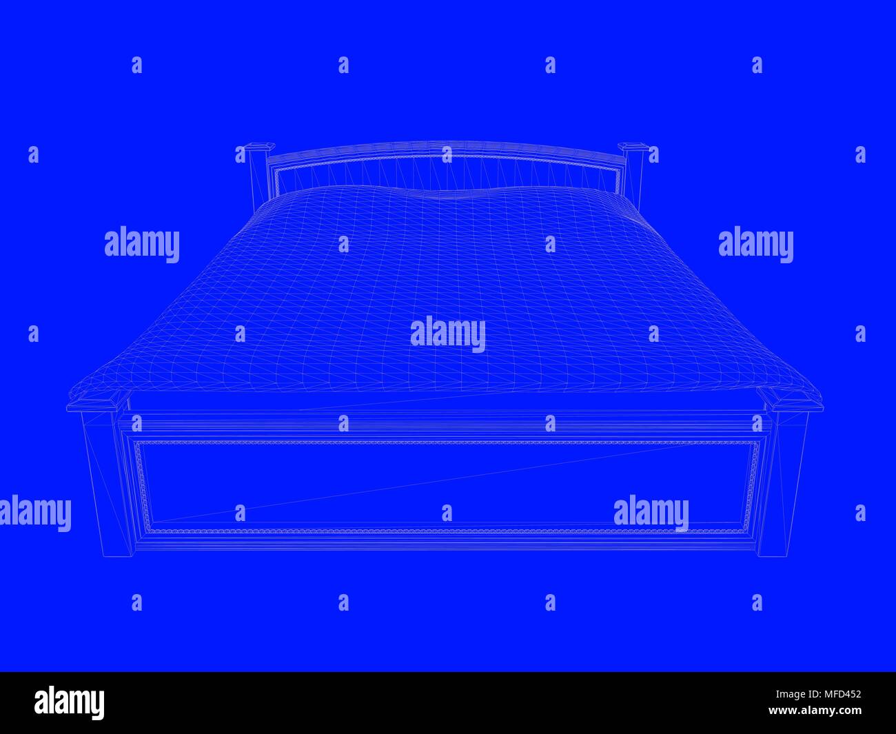 3d rendering of a bed blueprint as lines on a blue background Stock ...