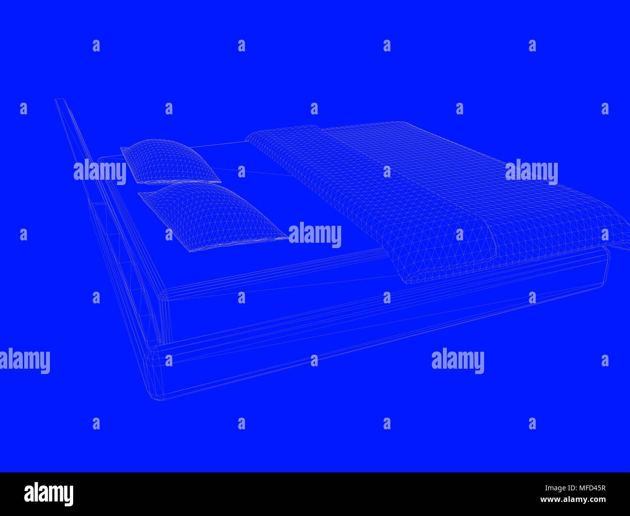 3d rendering of a bed blueprint as lines on a blue background Stock ...