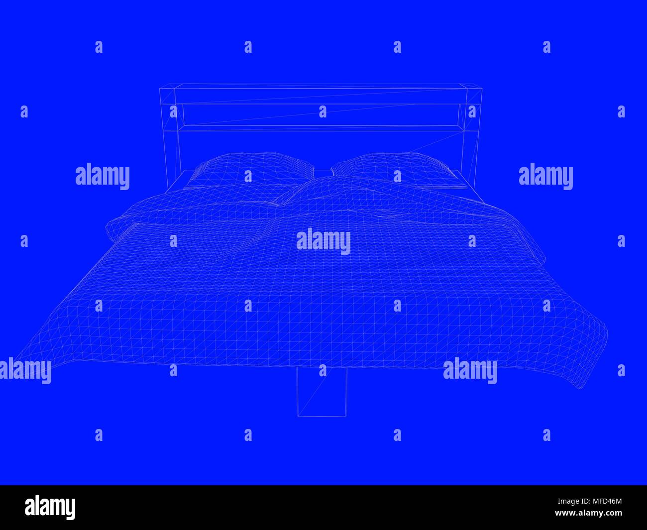 3d rendering of a bed blueprint as lines on a blue background Stock ...