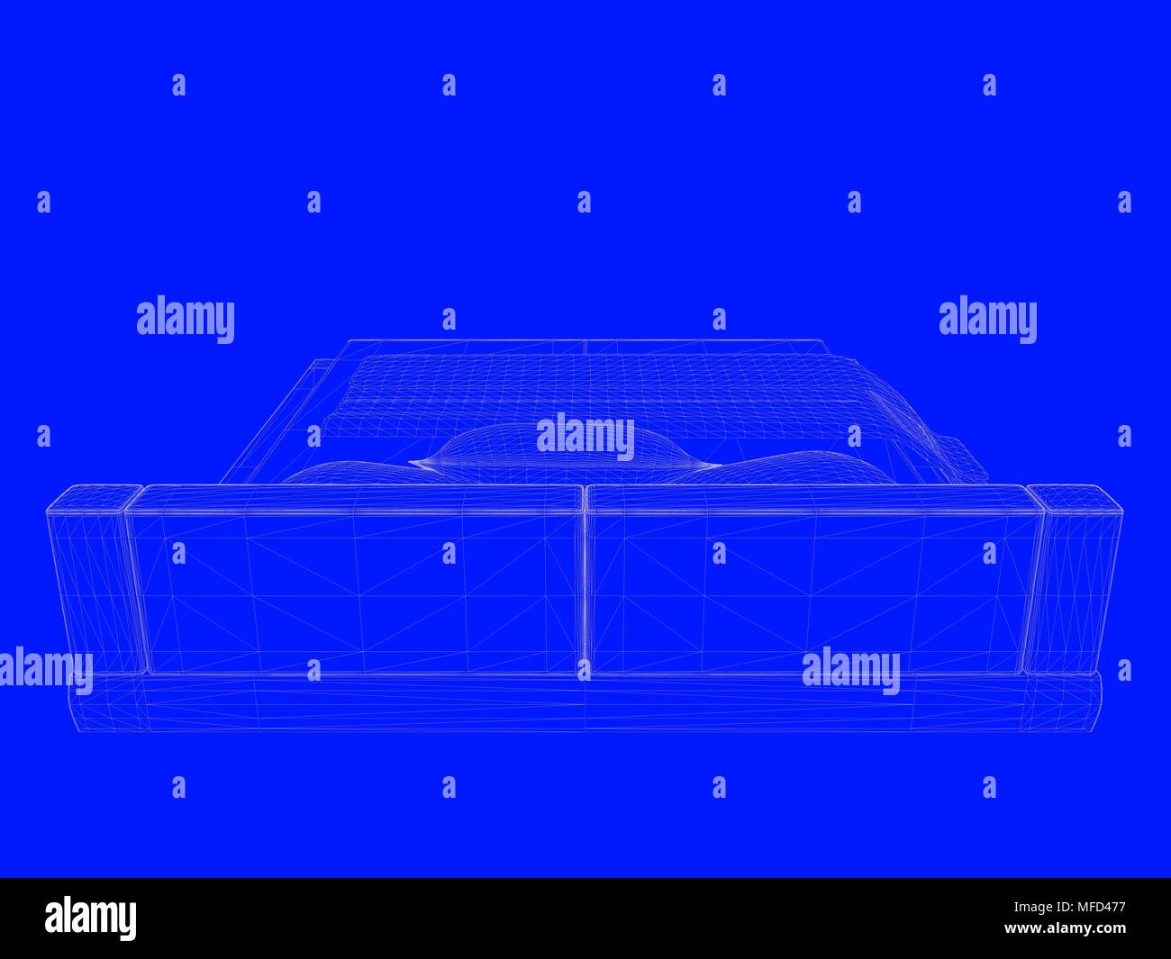 3d rendering of a bed blueprint as lines on a blue background Stock ...