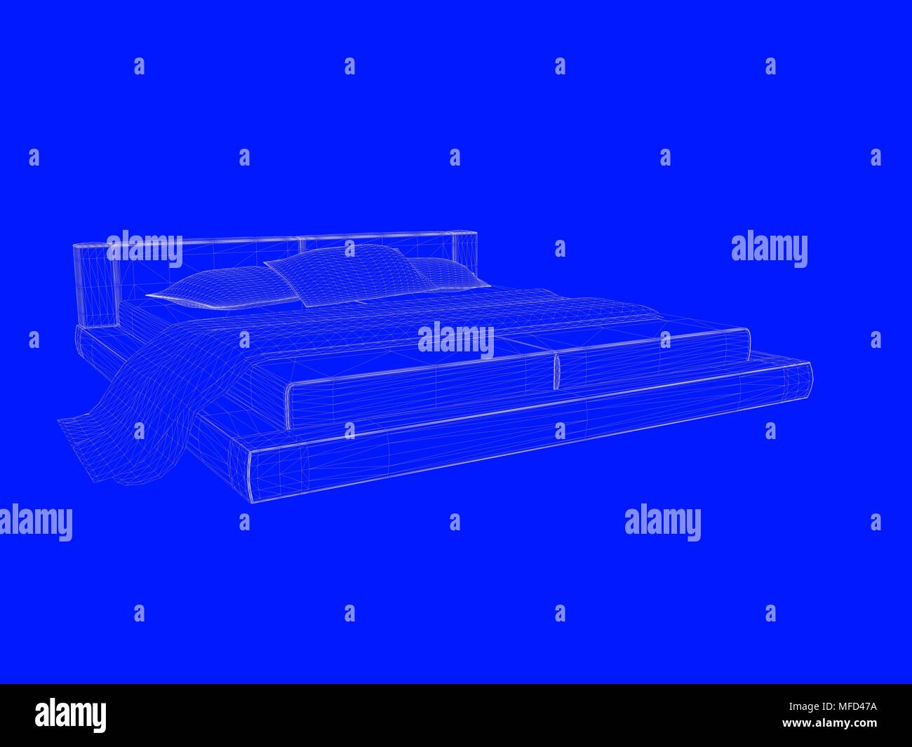 3d rendering of a bed blueprint as lines on a blue background Stock ...