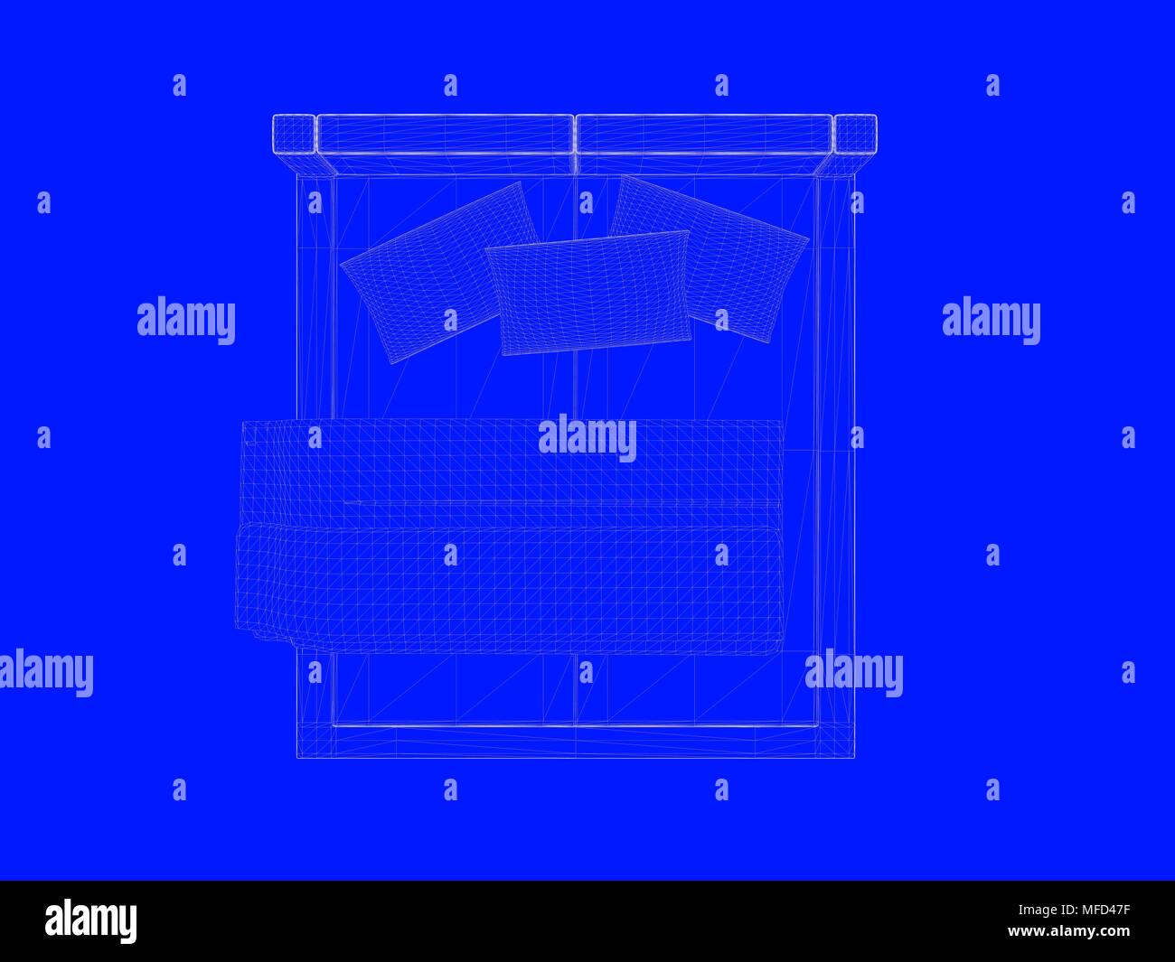 3d rendering of a bed blueprint as lines on a blue background Stock ...