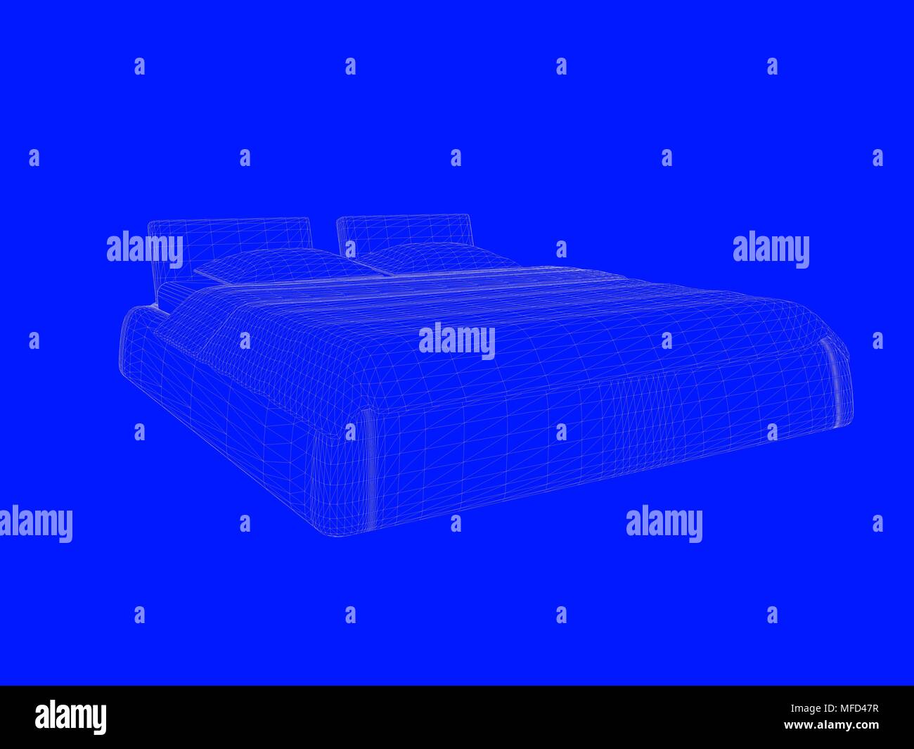 3d rendering of a bed blueprint as lines on a blue background Stock ...