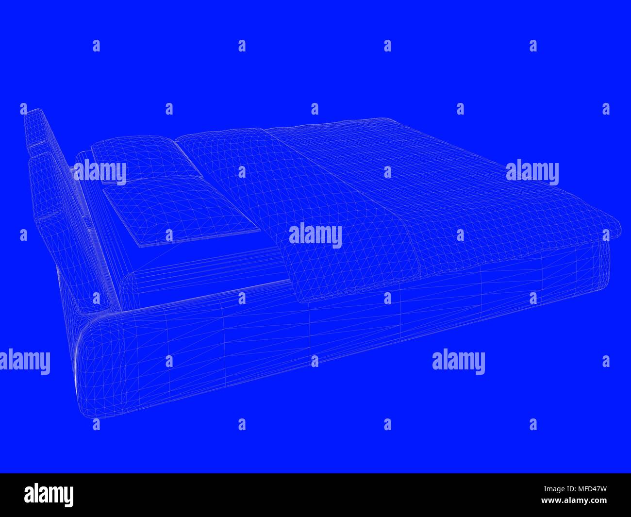 3d rendering of a bed blueprint as lines on a blue background Stock ...