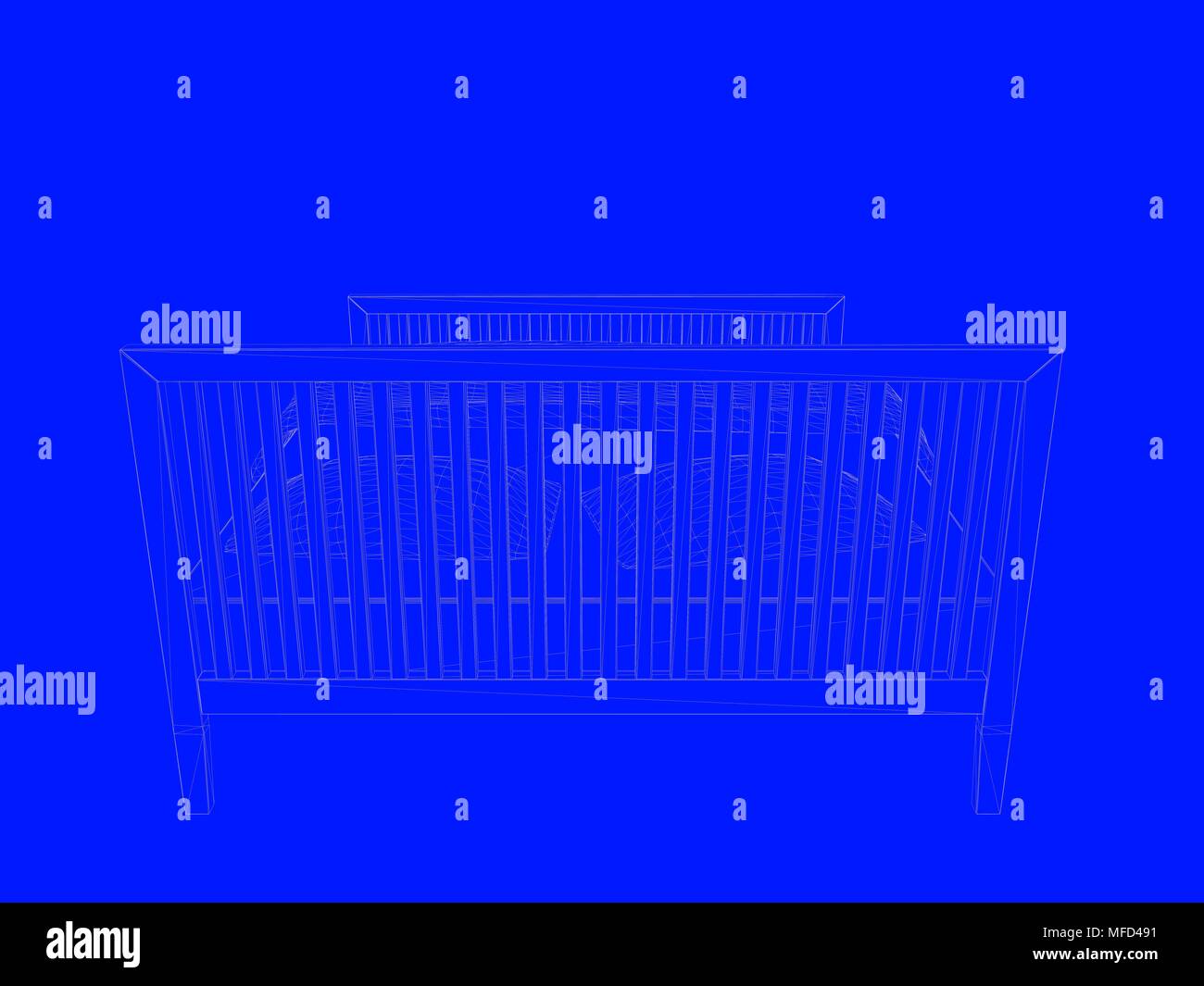3d rendering of a bed blueprint as lines on a blue background Stock ...
