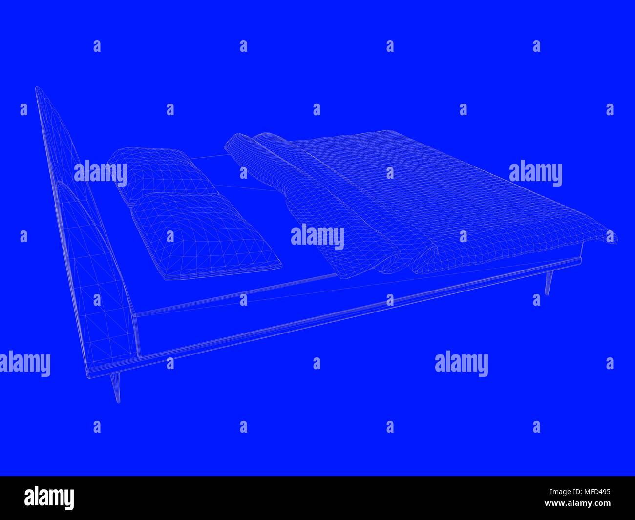 3d rendering of a bed blueprint as lines on a blue background Stock ...