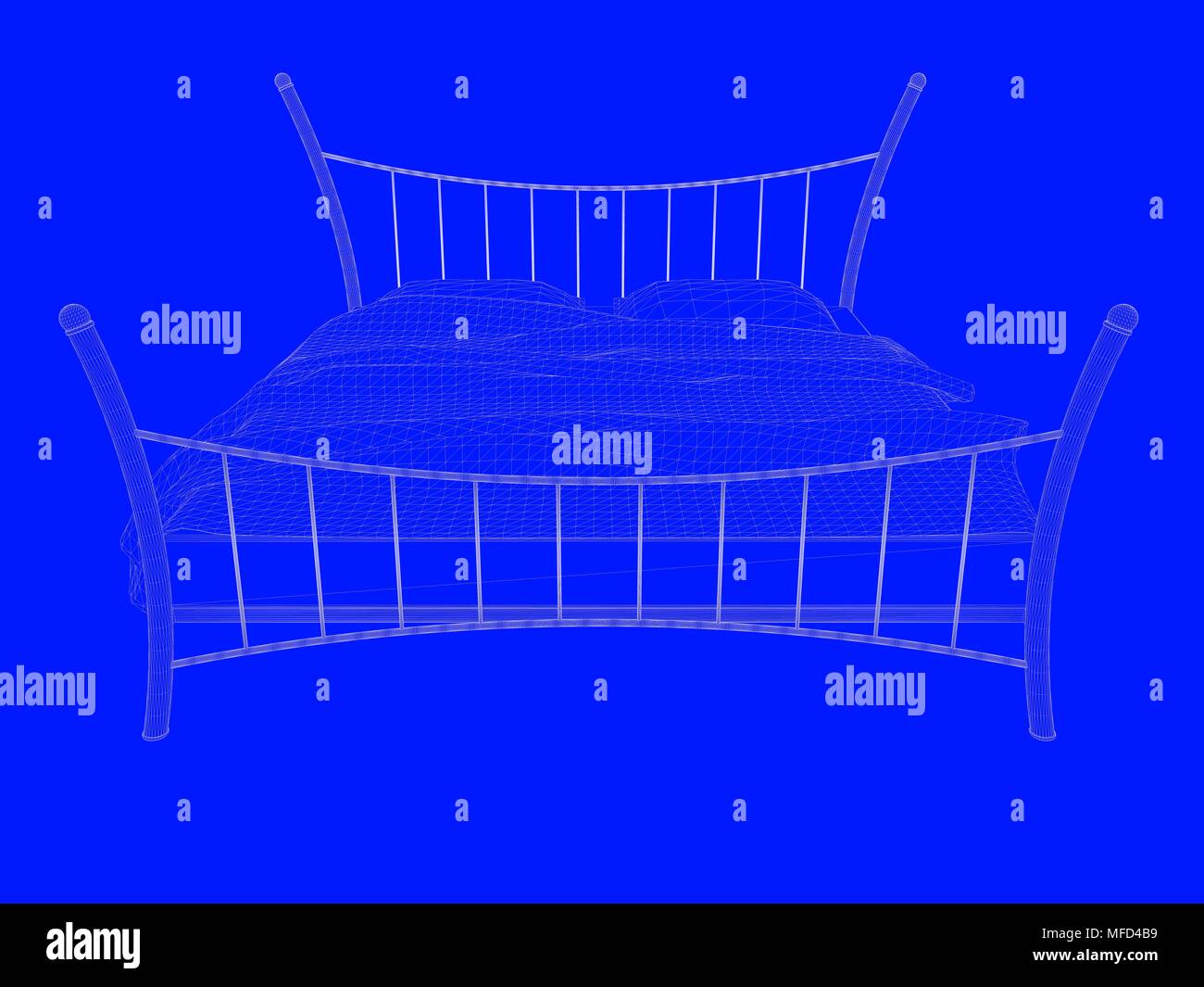 3d rendering of a bed blueprint as lines on a blue background Stock ...