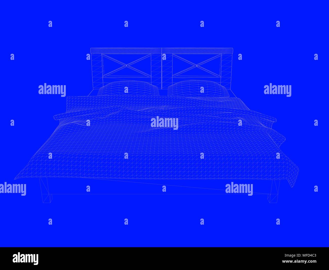 3d rendering of a bed blueprint as lines on a blue background Stock ...