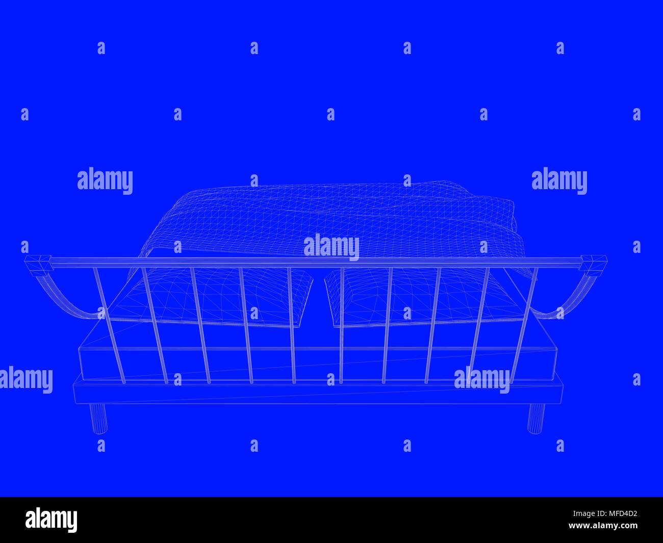 3d rendering of a bed blueprint as lines on a blue background Stock ...