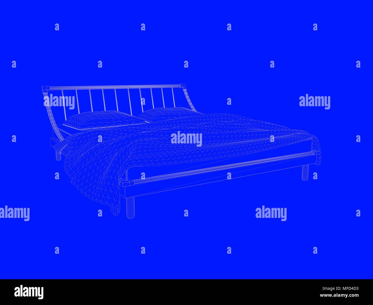 3d rendering of a bed blueprint as lines on a blue background Stock ...