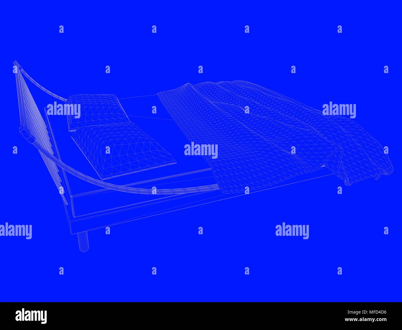 3d rendering of a bed blueprint as lines on a blue background Stock ...
