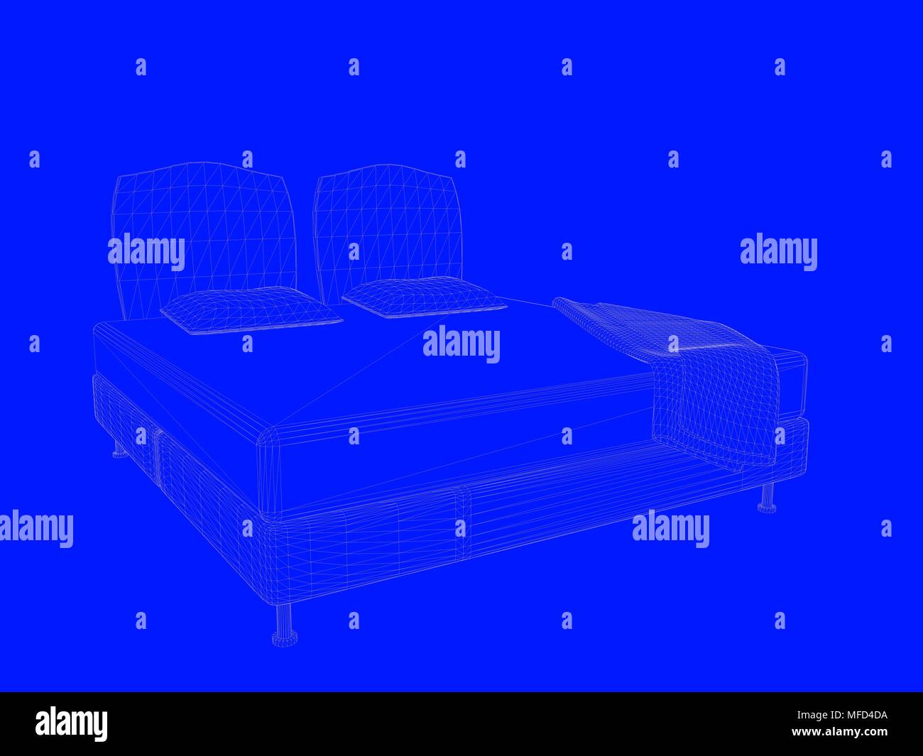 3d rendering of a bed blueprint as lines on a blue background Stock ...