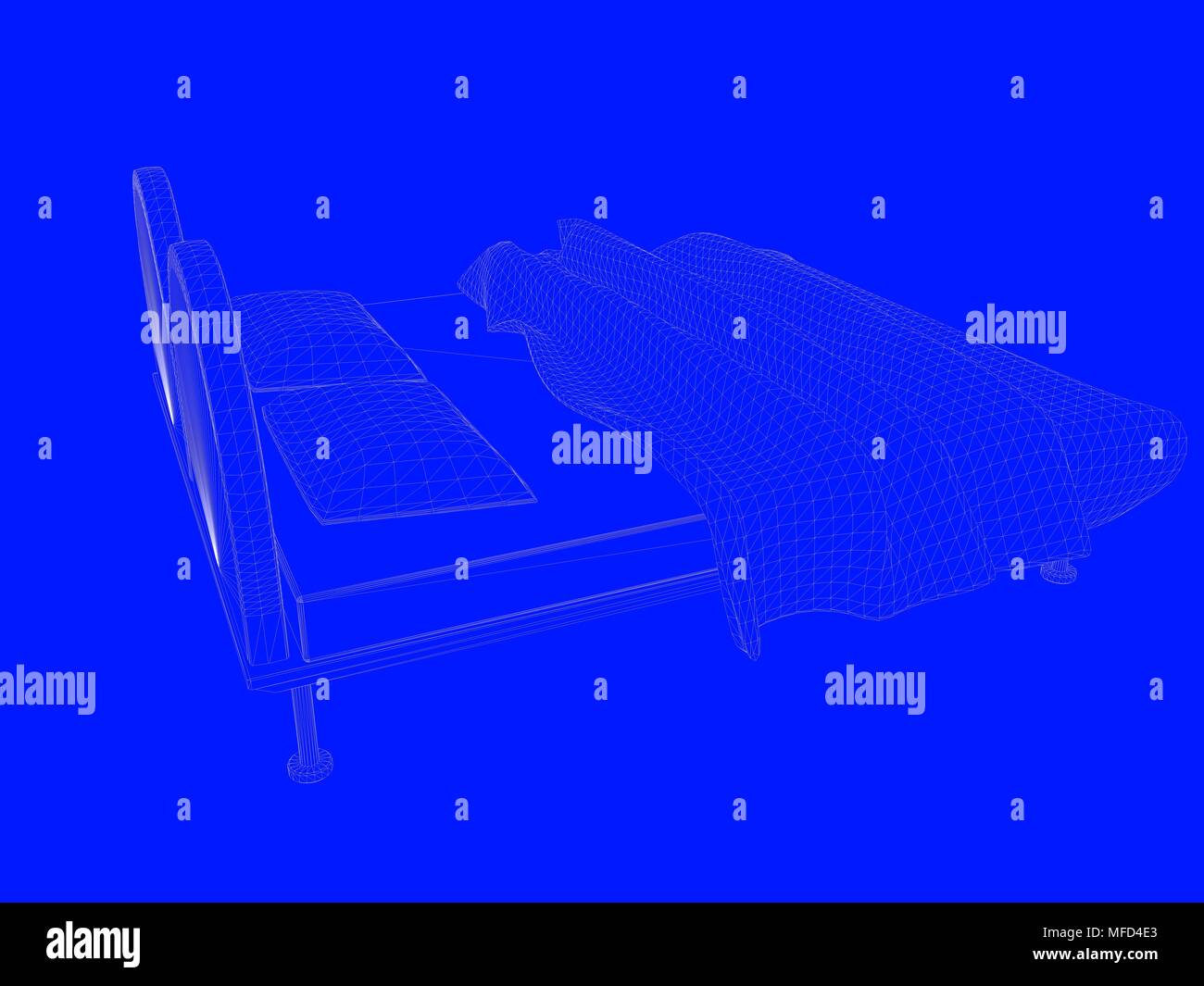 3d rendering of a bed blueprint as lines on a blue background Stock ...