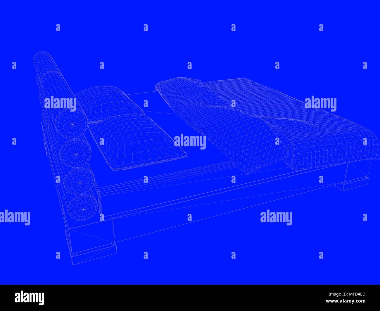 3d rendering of a bed blueprint as lines on a blue background Stock ...