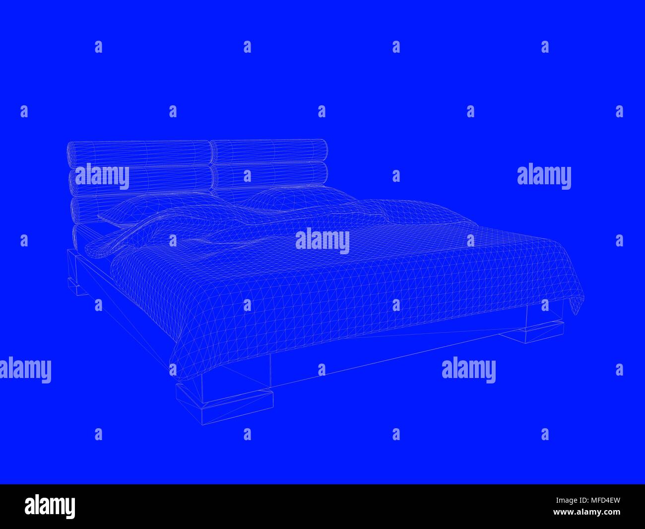 3d rendering of a bed blueprint as lines on a blue background Stock ...