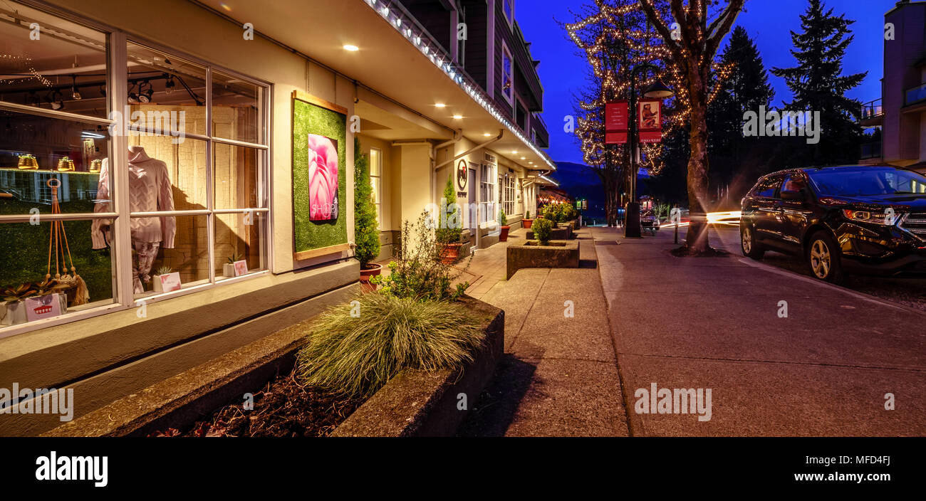 Vancouver Deep Cove street night shop with sidewalk trees and lights in ...